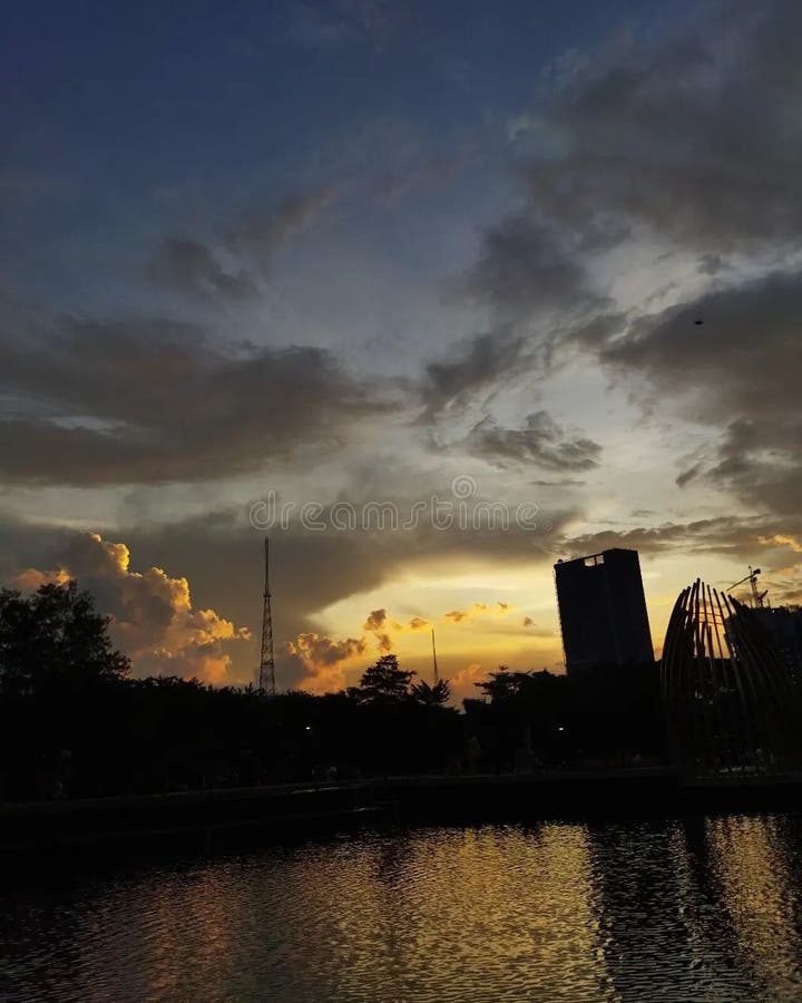City Building Sunset and Lake Beautiful View Stock Image - Image of ...