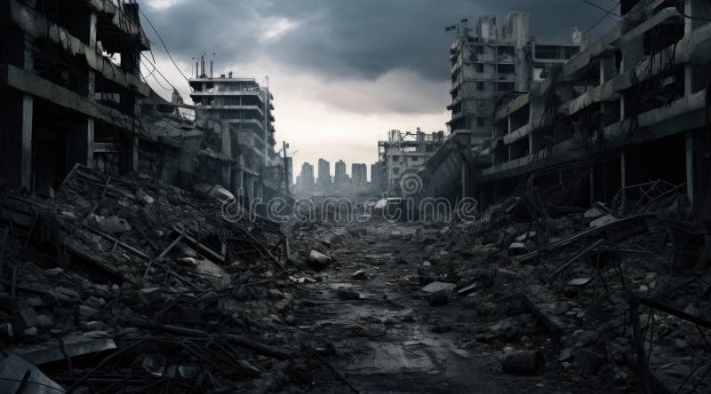 City Buildings Destructed by Earthquake Strike. Disaster Scene Full of ...