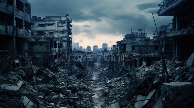 City Buildings Destructed by Earthquake Strike. Disaster Scene Full of ...