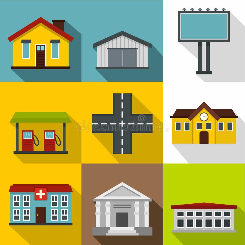 City Buildings Icons Set, Flat Style Stock Vector - Illustration of ...