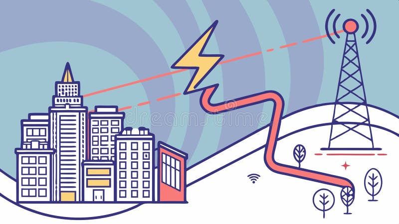 City Buildings with Lightning and Communication Tower Vector Design ...