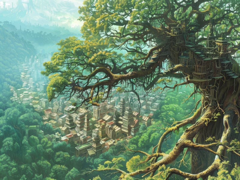 A City Built on a Network of Giant Tree Branches Stock Illustration ...