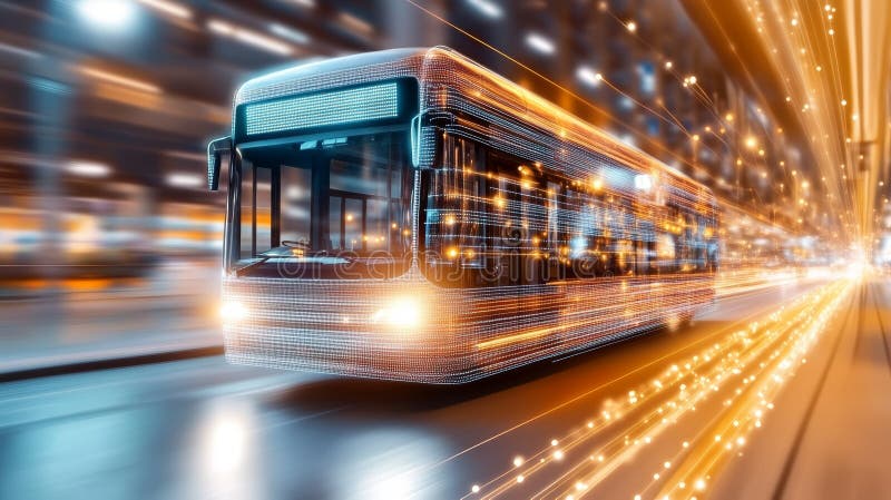 Fast-moving City Bus in Urban Environment with Blurred Lights and ...
