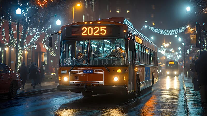 City Bus at Night with Lights and Reflections - Realistic Image Stock ...