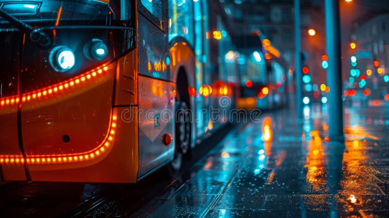 City Bus on a Rainy Street at Night. Stock Photo - Image of traffic ...