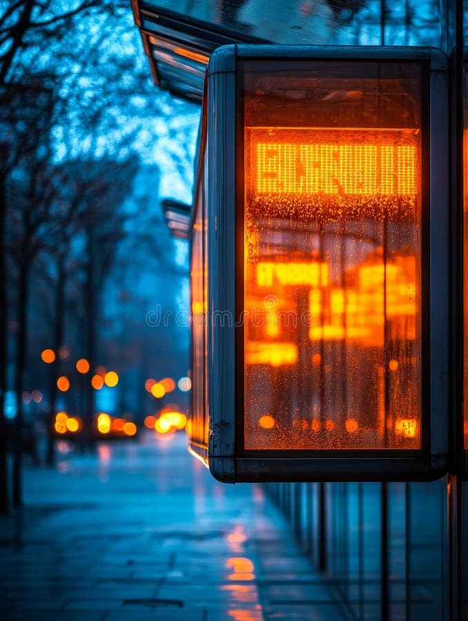 City Bus Stop Display Glowing on a Rainy Evening. Stock Image - Image ...