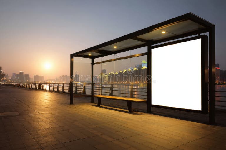 City Bus Stop with Empty Billboard at Sunset by Riverside. Stock Photo ...
