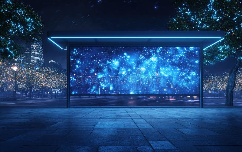 City Bus Stop Illuminated with Blue Lights and a Starry Night Sky ... City Bus Stop Illuminated with Blue Lights and a Starry Night Sky ...