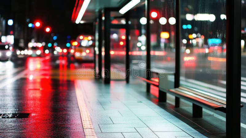 Rainy Night City Street Scene Neon Bus Stop Stock Photos - Free ...