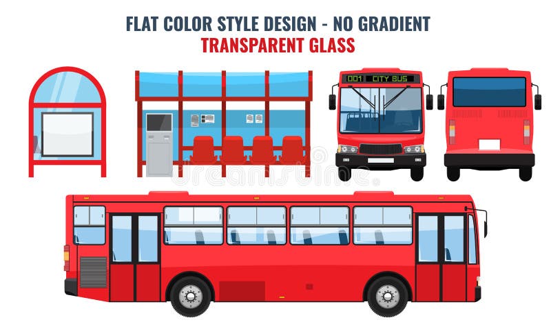 City Bus and Bus Stop, Side Front and Back View. Flat Color Style ...