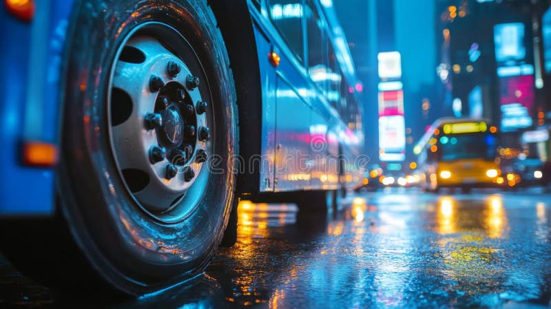 City Bus Wheel Reflecting Night Lights in Rain Stock Illustration ...