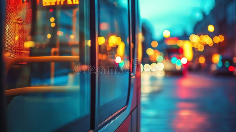 City Bus Window Night Lights Reflection Stock Illustration ...