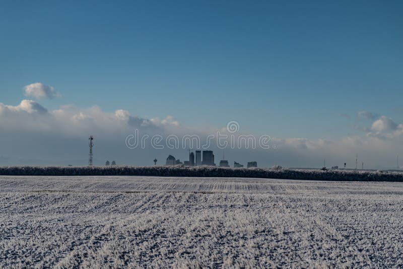 City of Calgary, Alberta Skyline with Snow Covered Fields in Foreground ...