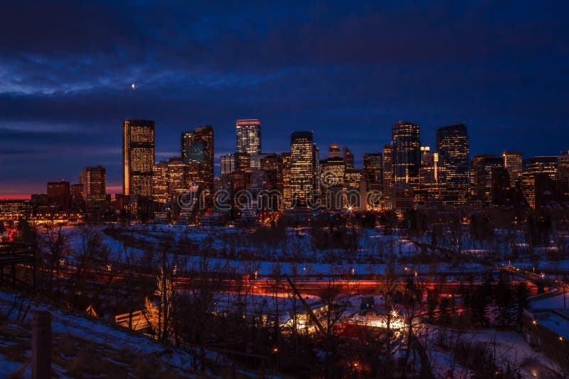 City of Calgary Skyline Glowing at Night Editorial Photography - Image ...