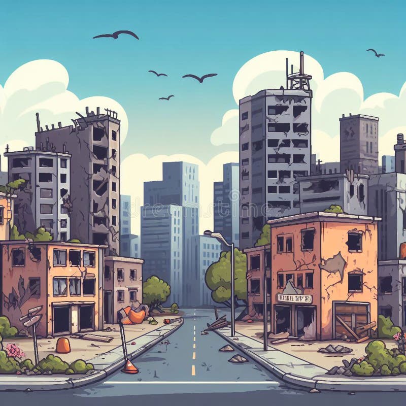 City Cartoon with Empty Destroyed Living Buildings Stock Illustration ...