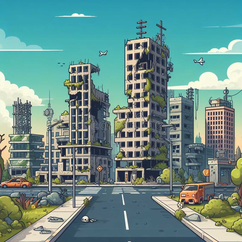 City Cartoon with Empty Destroyed Living Buildings Stock Illustration ...