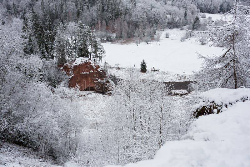 City Cesis, Latvia.River Amata at Winter, Trees and Cliffs Stock Photo ...