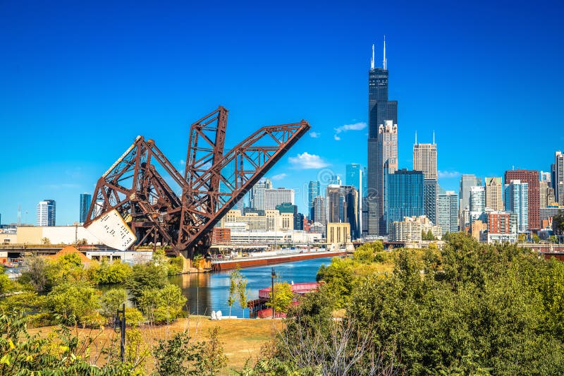 City of Chicago Skyline and Chicago River Rusty Bridge View Stock Image ...