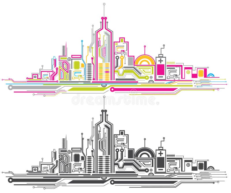 3D city on circuit board stock illustration. Illustration of building ...