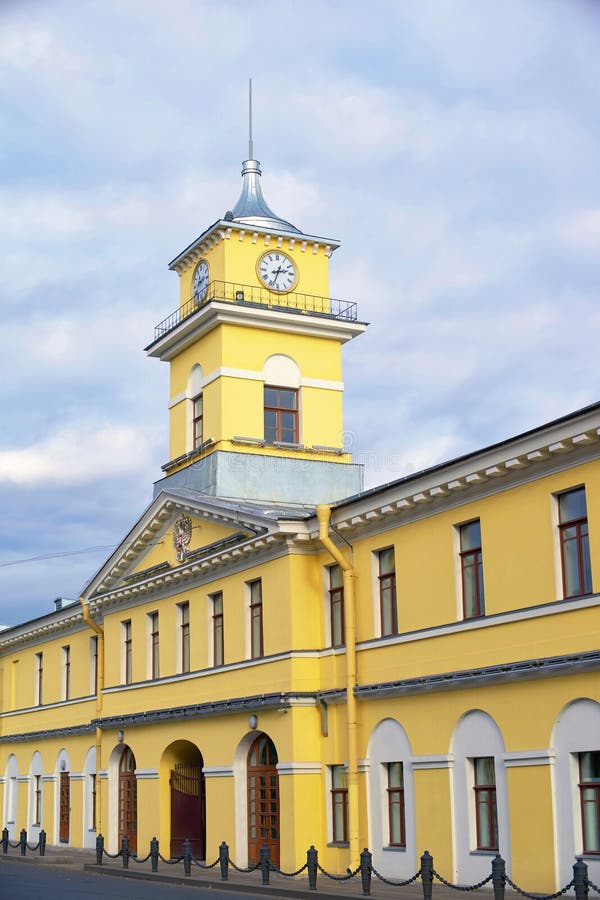 City Clock Tower Over Yellow House, Urban Architecture Stock Image ...