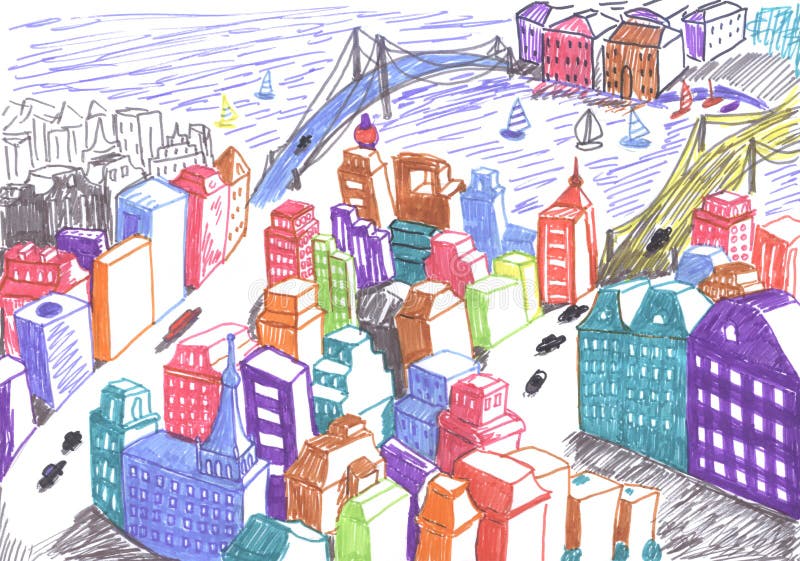 City Colored Drawing, Concept Stock Illustration - Illustration of ...