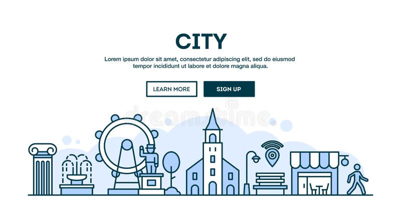 City, Concept Header, Flat Design Thin Line Style Stock Illustration ...