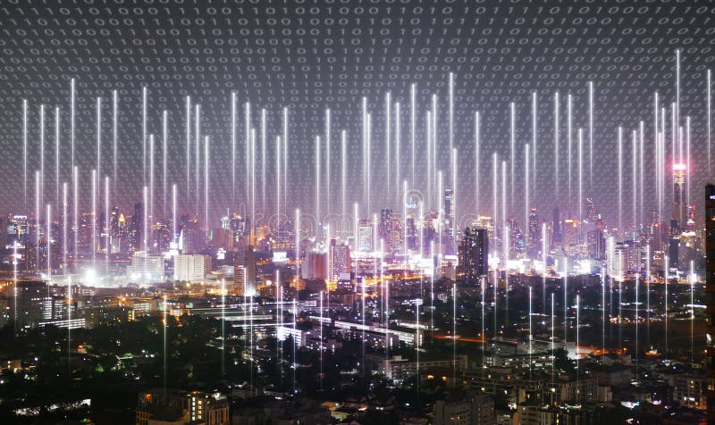 A City Covered by Binary Code with Cellular Signal Everywhere Sending ...