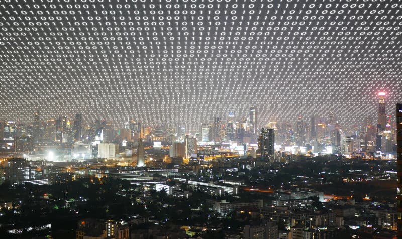 A City Covered by Binary Code. Wireless Network and Connection ...