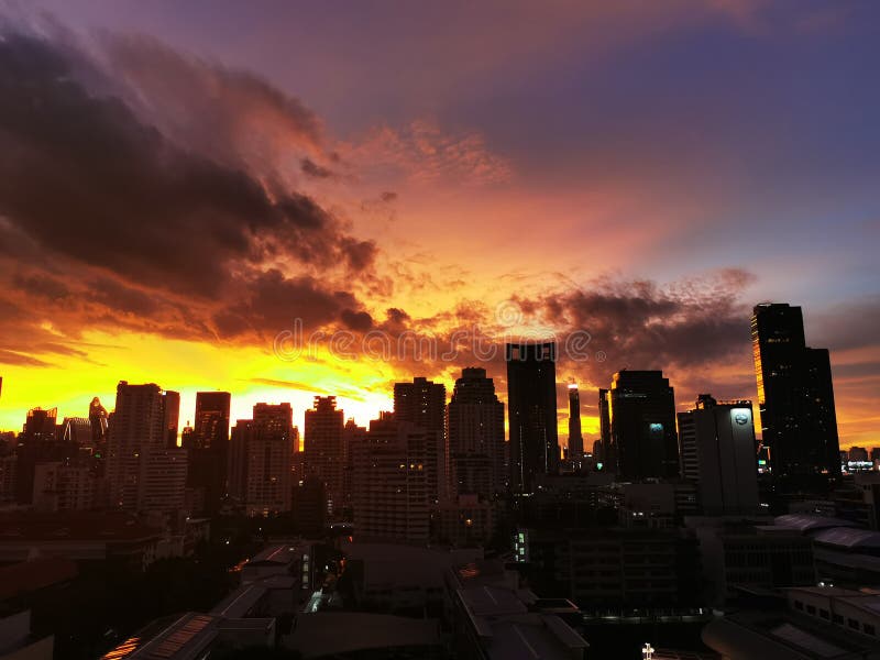 City deep red sunset stock photo. Image of night, skyline - 203377126