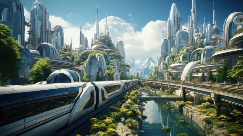 Eco-friendly Futuristic City View with Electric Train and River in the ...