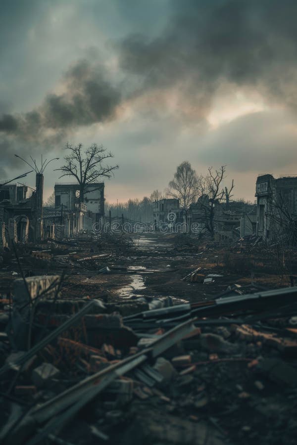 A City Devastated by Destruction, with Piles of Rubble and Debris ...
