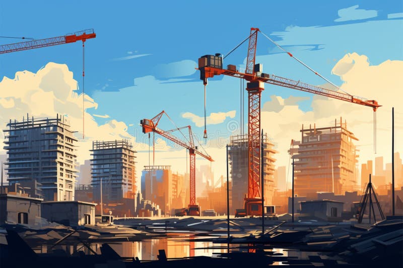 City Development Vector Illustration of Construction Site, Cranes ...