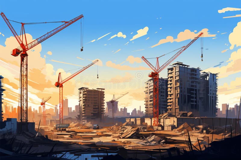 City Development Vector Illustration of Construction Site, Cranes ...