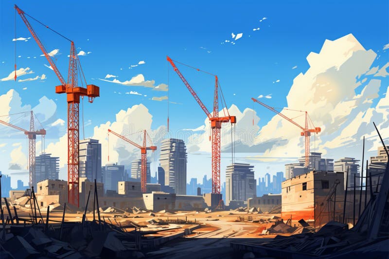 City Development Vector Illustration of Construction Site, Cranes ...