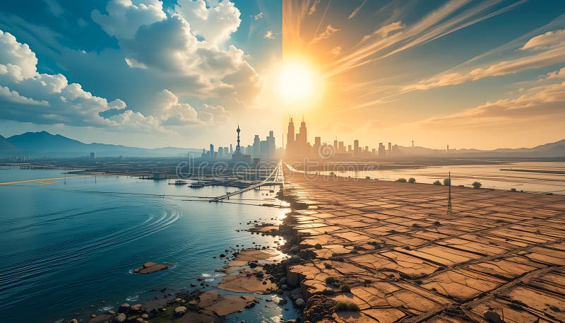 A City Divided by Climate Change Stock Illustration - Illustration of ...