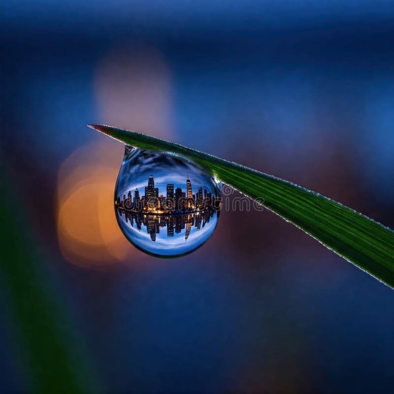 The City is in a Drop of Water at the End of a Green Leaf. Stock Photo ...