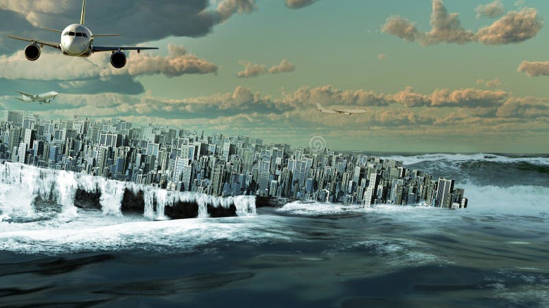 City drowning in the ocean stock illustration. Illustration of disaster ...