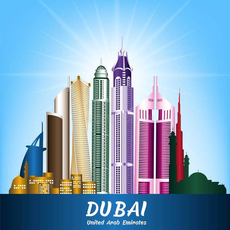 City of Dubai UAE Famous Buildings Stock Vector - Illustration of arab ...