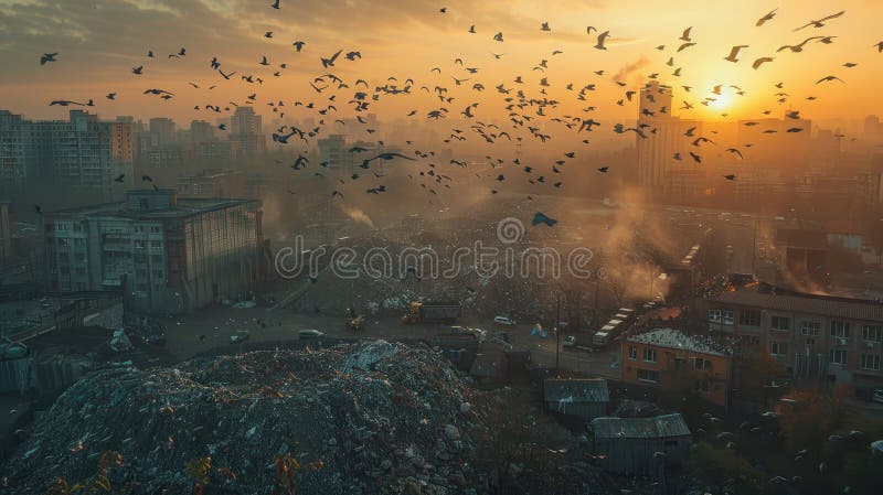 A City Dump and Flying Birds at Sunset. a Dump in the City at Sunset ...