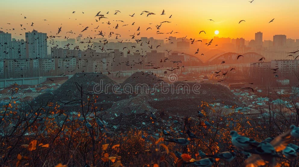 A City Dump and Flying Birds at Sunset. a Dump in the City at Sunset ...