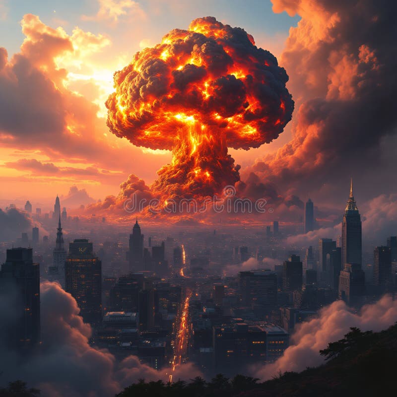 A City Engulfed in a Devastating Atomic Explosion at Sunset Stock ...