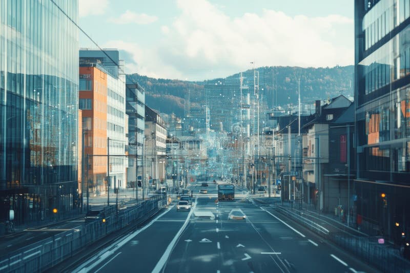 The City Features Modern Buildings Linked by an AI Network, Emphasizing ...