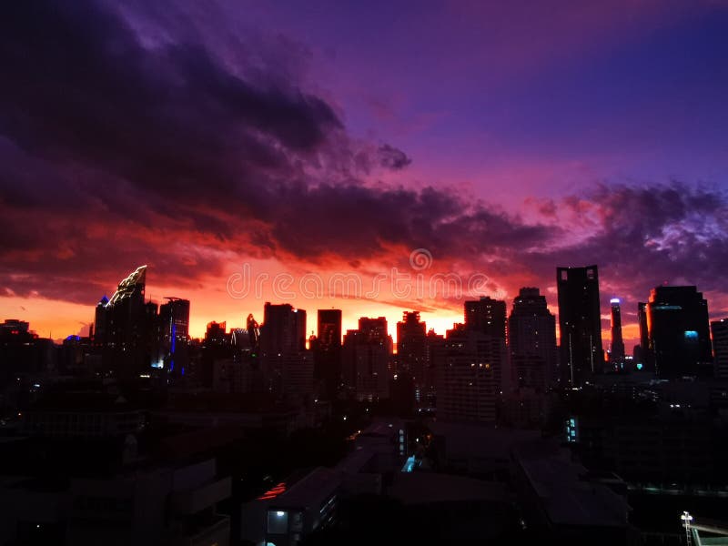 City at fiery sunset stock photo. Image of evening, ablaze - 73858270