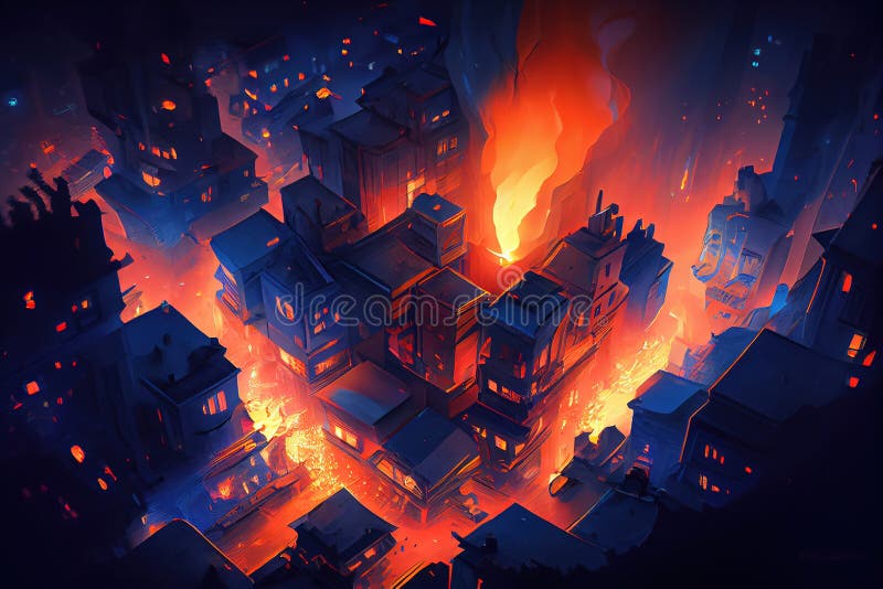 City in Fire, Destroyed Burning Houses and Buildings Stock Illustration ...