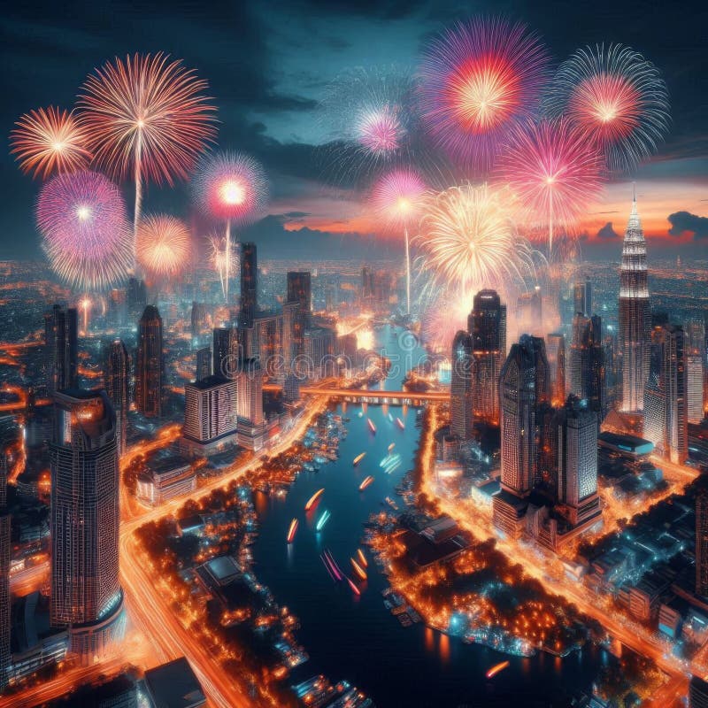 City Fireworks Show with Bright Colors Over Urban Skyline Stock ...