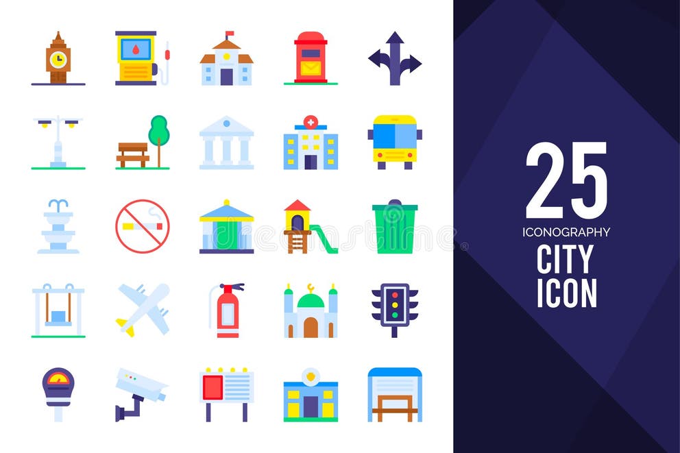 25 City Flat Icon Pack. Vector Illustration Stock Vector - Illustration ...