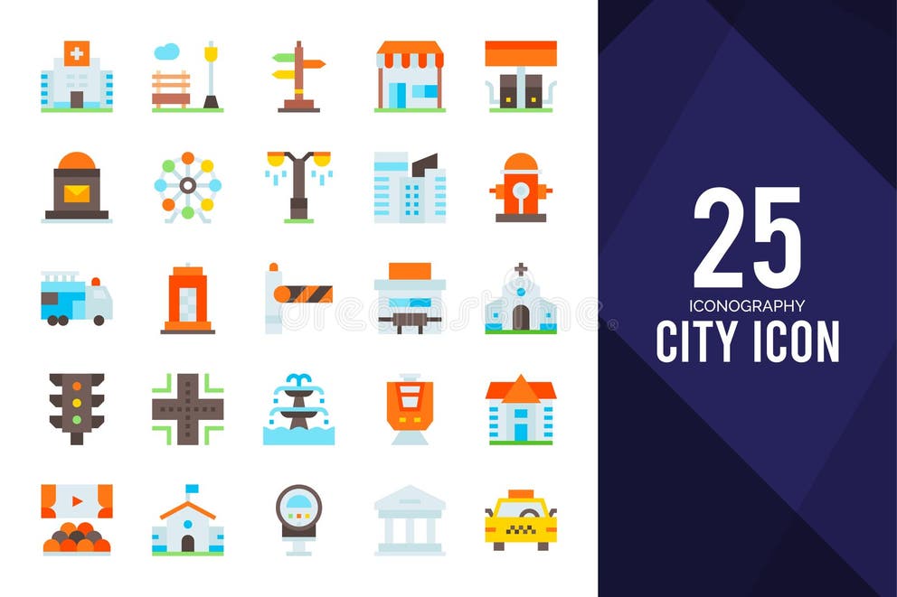 25 City Flat Icon Pack. Vector Illustration Stock Vector - Illustration ...