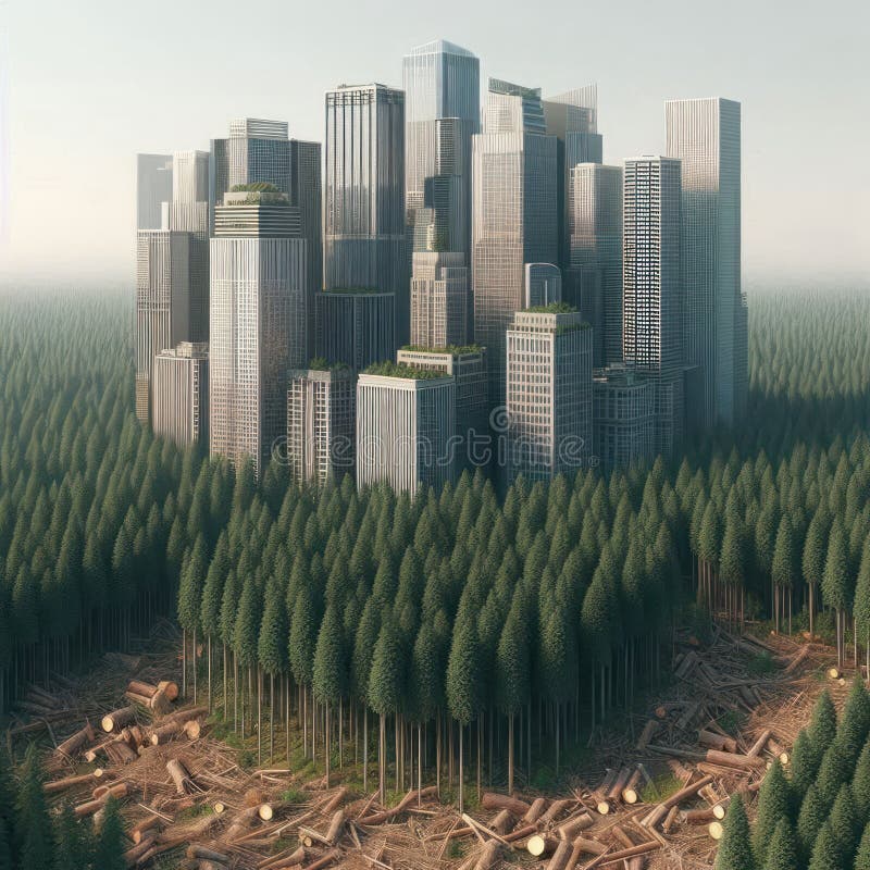 A City in the Forest, Urbanization Destroys Nature. Stock Photo - Image ...