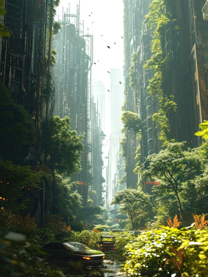 A City in the Future Covered in Greenery, Forest and Trees Filled the ...