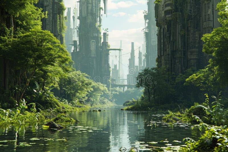 A City in the Future Covered in Greenery, Forest and Trees Filled the ...